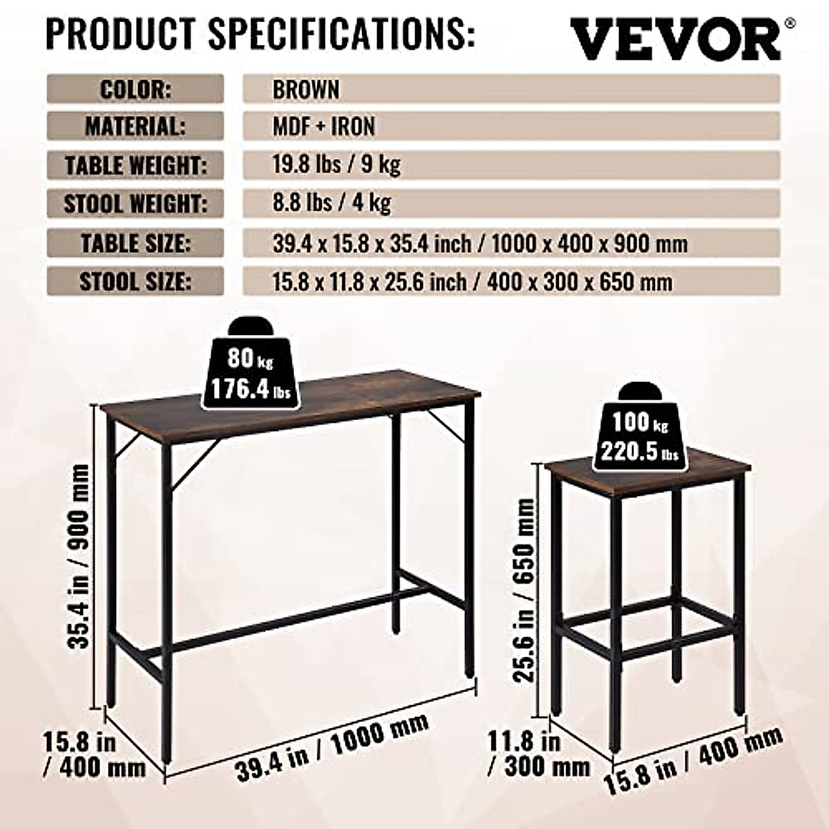 VEVOR 39" Bar Chairs Pub Table Set w/ 2 Stools, Brown