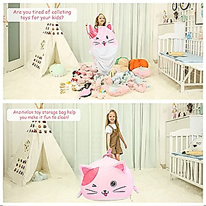 Anzitinlan Cute Cat Bean Bag Chair for Kids, Pink Stuffed Animal Storage Beanbag Chairs for Girls Room Decor, Extra Large Size, Velvet Super Soft Cover Only
