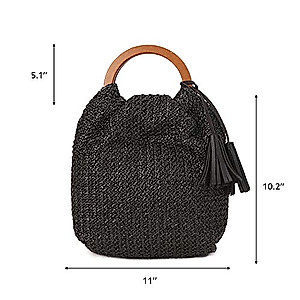 QTKJ Hand-woven Large Straw Tote Bag with Black Leather Tassels Boho Brown Wooden Round Handle Tote Retro Summer Beach Bag Rattan Handbag (Black)
