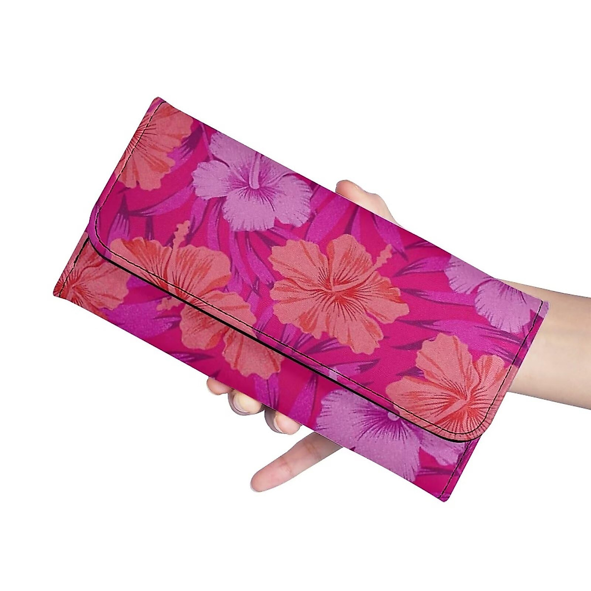 Howilath Womens Hibiscus Flower Wallet Clutch Organizer With Change Pocket, Credit Card Clutch Long Purse for Women - Hot Pink