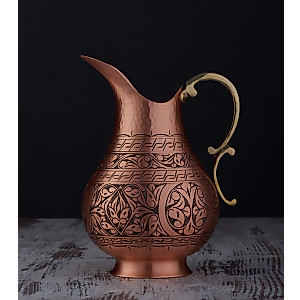 DEMMEX The Pitcher, 1mm Solid Copper Handmade Engraved Copper Pitcher Vessel Ayurveda Jug for Drinking Water, Moscow Mule, Cocktail (Matte-Engraved)
