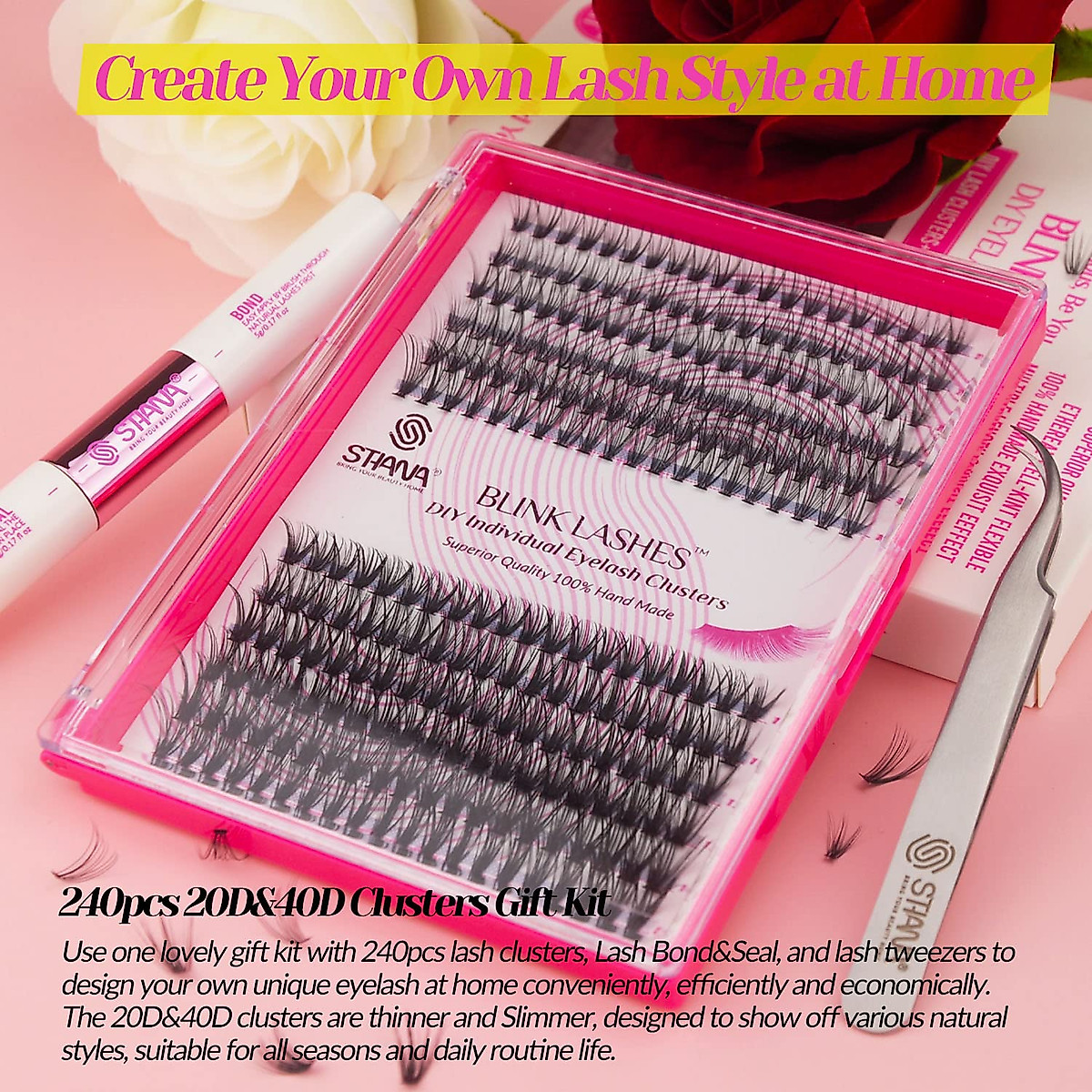 DIY Lash Extension Kit at Home, 240pcs Eyelash Extension Kit with Lash Bond and Seal Lash Tweezers Lash Clusters Wispy Individual Lashes Kit Eyelashes Kit Lash Clusters D Curl 20D&40D 10-15mm
