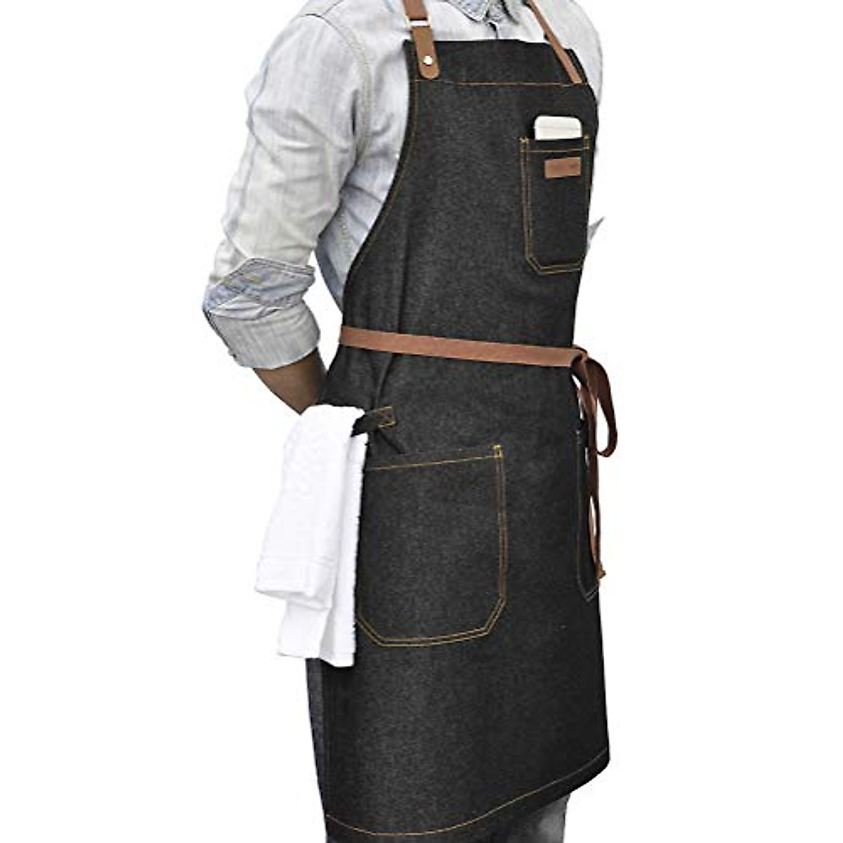 DingSay Trendy Denim Chef Apron with Pockets, Mens Womens Professional Kitchen Bib Black Apron for Cooking Grill BBQ Server, with Towel Loop and Adjustable Neck Straps