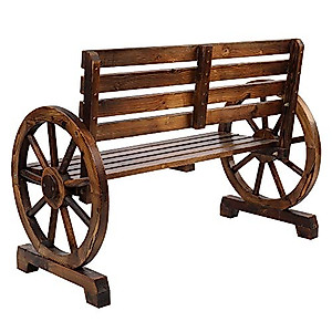 Volowoo Wooden Wagon Wheel Bench,Rustic 2-Person Wooden Seat Wagon Wheel Bench with Slatted Seat and Backrest, Brown