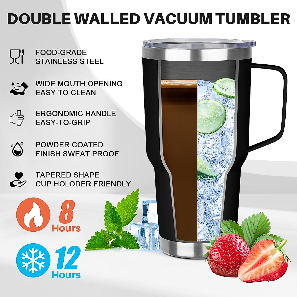 GUDEMAO 30 oz Tumbler with Handle, Stainless Steel Insulated Tumbler with Lid and Straw, Double Wall Vacuum Insulated Coffee Mug Tumbler, Insulated Coffee Thermal Cup for Cold and Hot (Black)