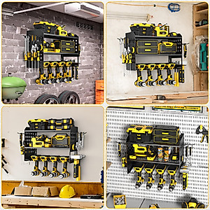 Spacecare Power Tool Organizer, Drill Holder Wall Mount with 2 Side Pegboards with Hooks, 3 Layer Garage Organization Floating Cordless Heavy Duty Tool Organizers Utility Rack for 4Drill Holders Black