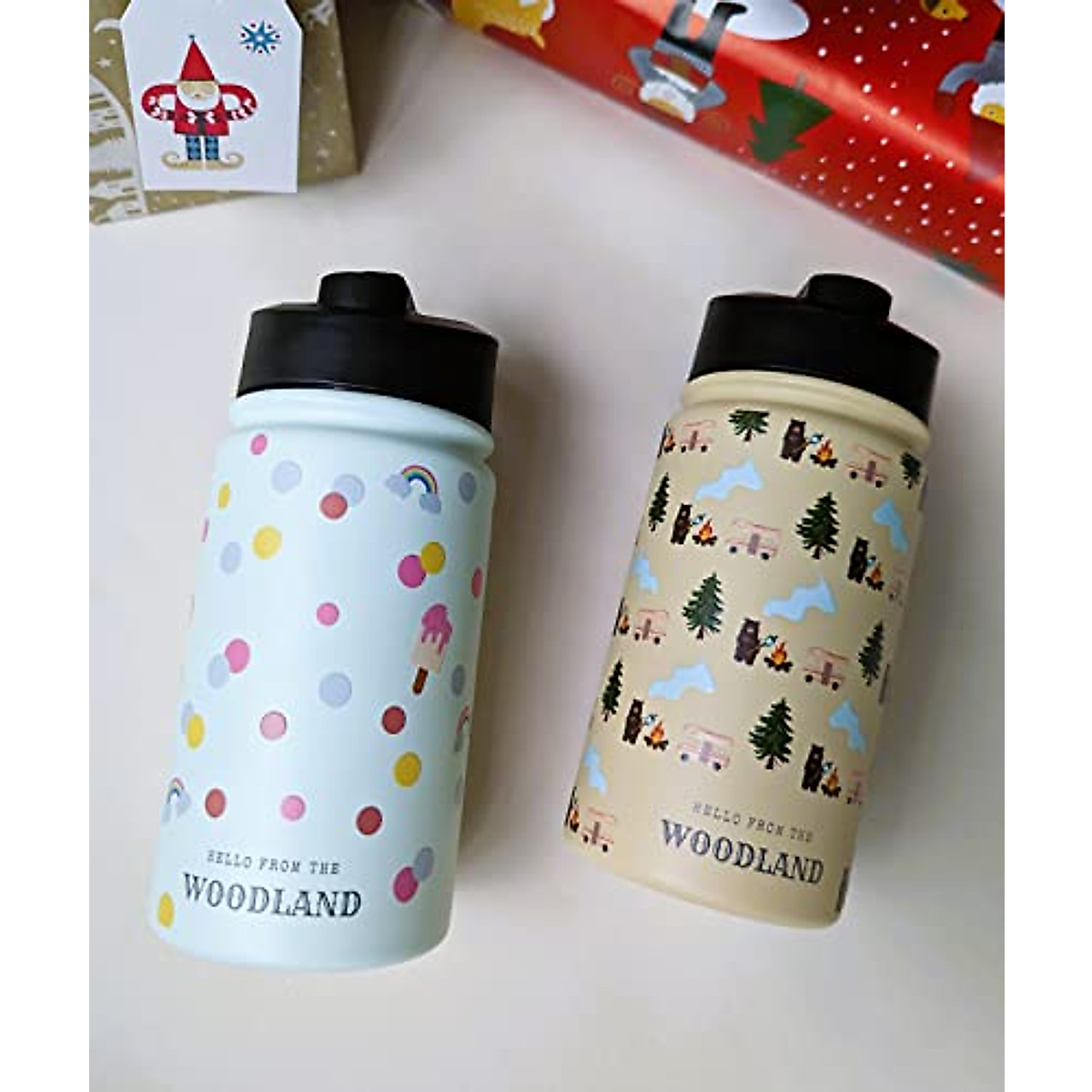 Kids Thermal Bottle with Straw Lid and Loop Cap, 12oz Premium Stainless Steel Water Bottle, Easy to Drink for Toddlers, Keeps Drinks Fresh for 12 Hours (Camping Bear)