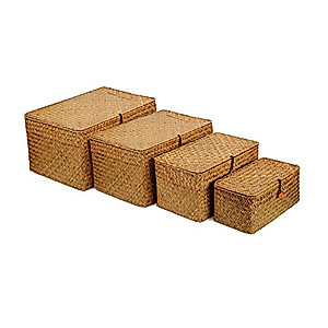 YANGQIHOME 4 Pack, Wicker Baskets with Lids, Nautral Seagrass Storage Baskets, Woven Rectangular Basket Bins, Rattan Storage Organizer for Shelf