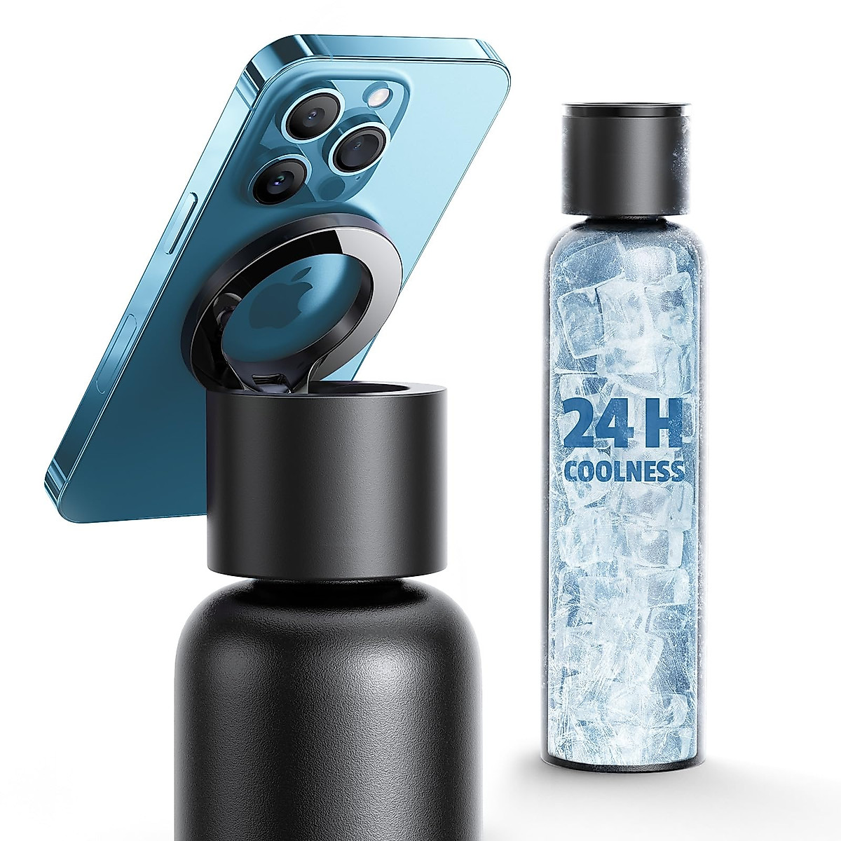 AINOPE Travel Water Bottle for the Coldest Water Bottle with Handle, 24oz Smart Water Bottle Stainless Steel for Magsafe, Metal Cup Phone Holder Sports Gym Work Leak Proof BPA-free Adjustable Angles