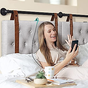 GREENSTELL Wall Mount Headboard with USB for King Size Bed, Linen Fabric Headboard Only, Industrial Pipe Modern Style, Gray Hanging Head Boards, Durable, Comfortable, Button Upholstered for Bedroom