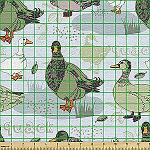 Lunarable Geese Fabric by The Yard, Ducks Fowl on The Farm with Greenery Leaves Etching Illustration Design Print, Decorative Fabric for Upholstery and Home Accents, 1 Yard, Olive Green