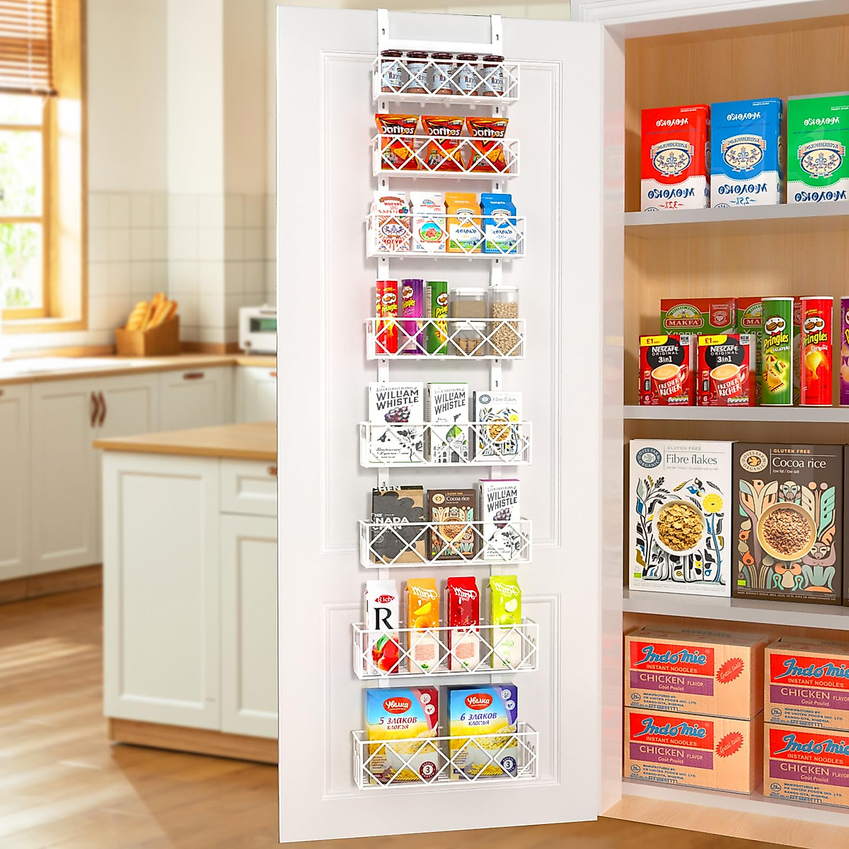Over the Door Pantry Organizer 8-Tier Adjustable Baskets Hanging Spice Door Rack Narrow - 13.78" W x 65.16" H Behind the Door Storage for Kitchen, Bathroom, and Closet Organization-White