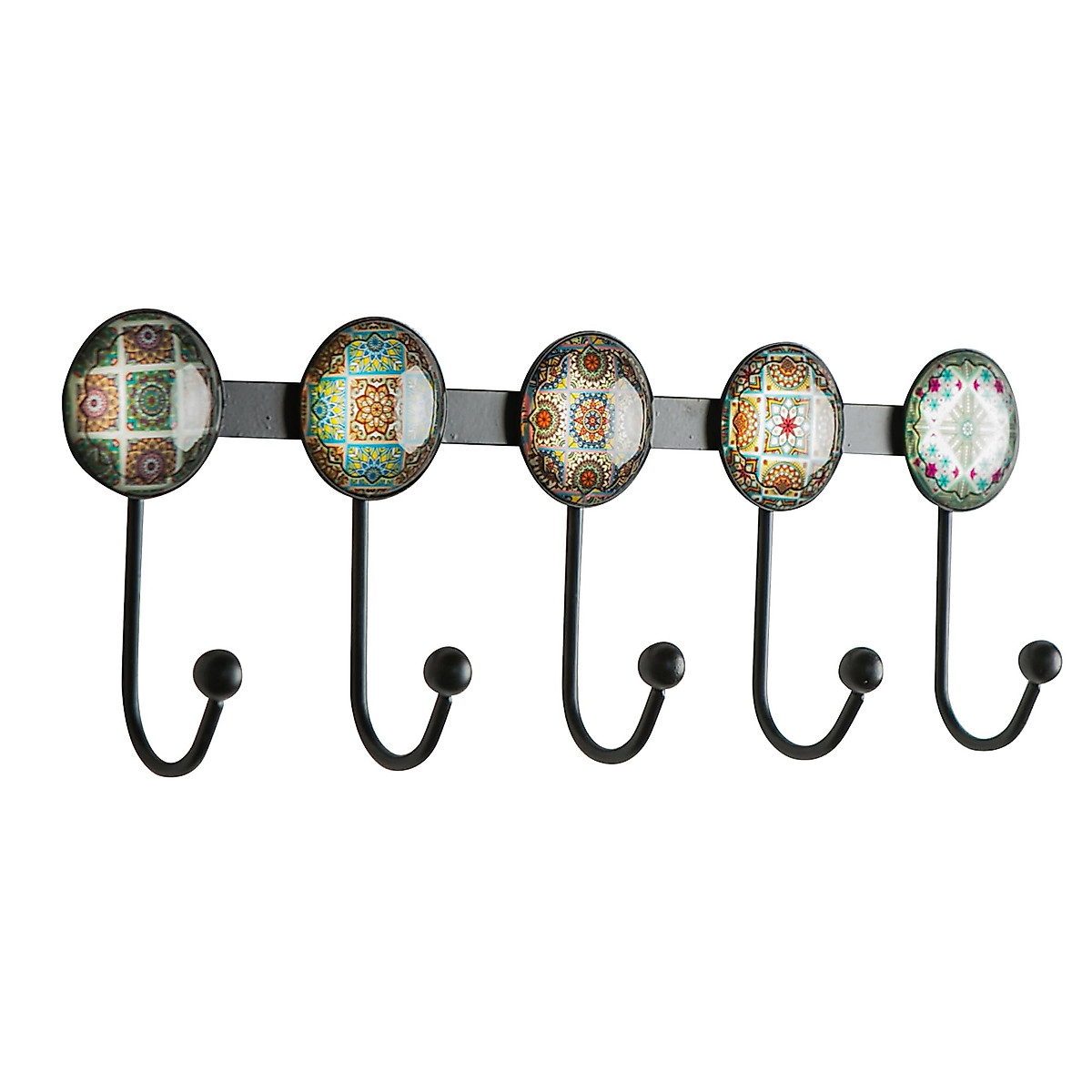 Banllis Boho Coat Rack Wall Mounted with 5 Hooks, Forest Theme Mandala Pattern Decorative Wall Hooks for Hanging Hat, Key, Towel, Purse, Bag, and Robe - for Entryway, Bathroom, and Kitche