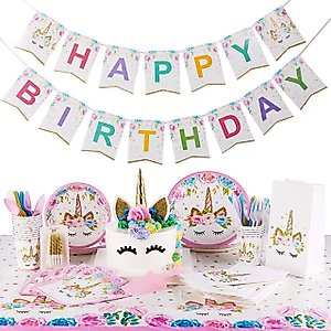 Discovering DIY Unicorn Birthday Decorations for Girls - Party Supplies Kit for 16 Guests w/ Plates, Cups, Goody Bags, Utensils, Napkins, Cake Cutter & Topper, Candles, Table Cloth and Banner