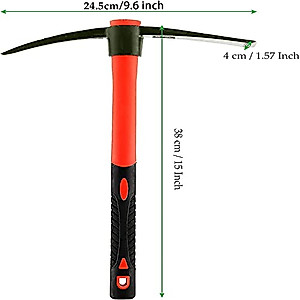 MAHIONG 15 Inch Pick Mattock Hoe, Forged Steel Weeding Pick Axe with Fiberglass Long Handle Garden Tool for Digging, Gardening, Camping, Prospecting, Construction Work