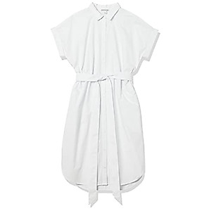 Amazon Essentials Women's Relaxed Fit Short Sleeve Button Front Belted Shirt Dress, White, Large