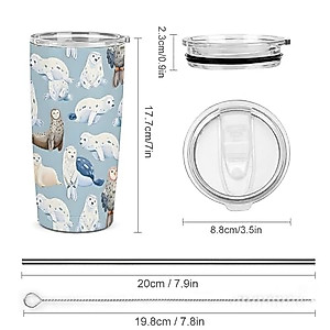 KIOWEIR Cute Seal Big White Bear Owl Stainless Steel Tumbler 20oz With Lid And Straw, Insulated Tumblers Coffee Cup, Travel Mug for Ice Drink & Hot Beverage for Women Men Boys Girls