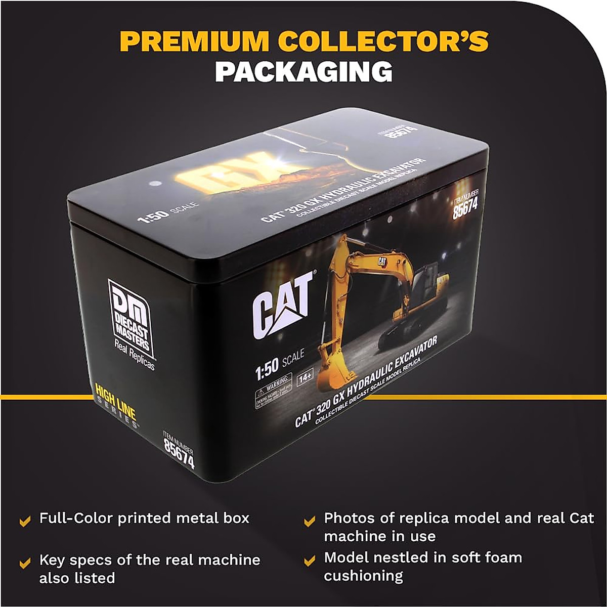 Diecast Masters 1:50 Caterpillar 320 GX Hydraulic Excavator | High Line Series Cat Trucks & Construction Equipment | 1:50 Scale Model Diecast Collectible Model 85674