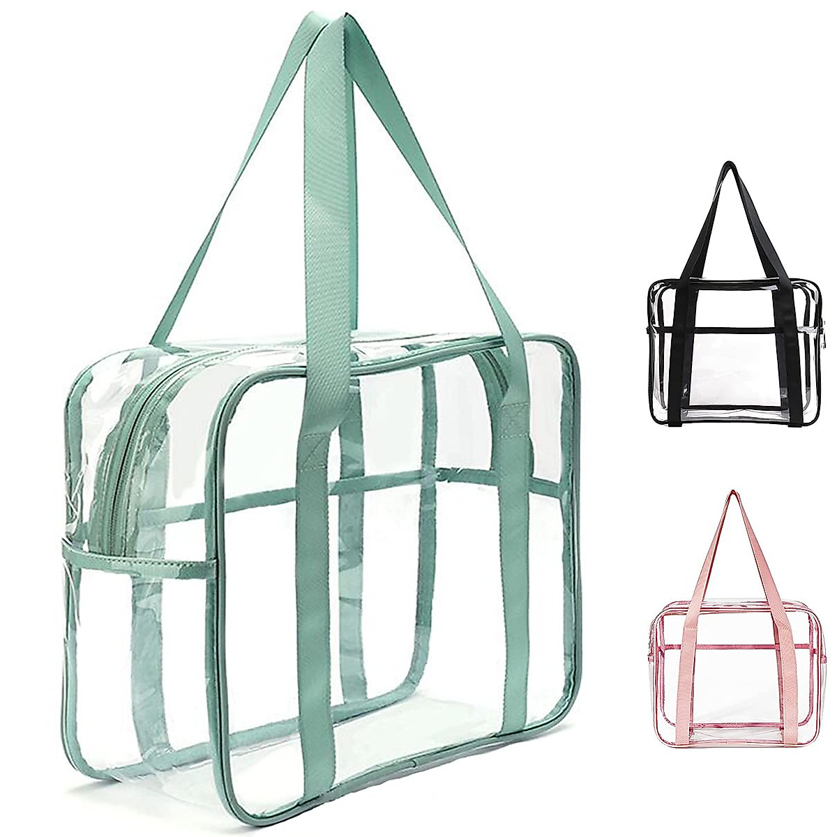 SxoSyo Clear Makeup Bags Large Travel Toiletry Bag for Women Transparent Bag with Handle Clear Cosmetic Bags Bathroom Organizer Bag PVC Zipper Closure Handbag Beach Bag (light blue)