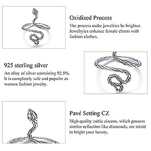 BISAER Snake Ring Adjustable Rings for Women 925 Sterling Silver Rings Gothic Vintage Jewelry for Women (silver snake, Adjustable)