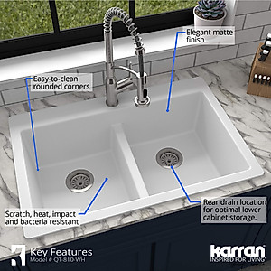 Karran QT-810 33" Top Mount Double Equal Bowl Quartz Kitchen Sink in White