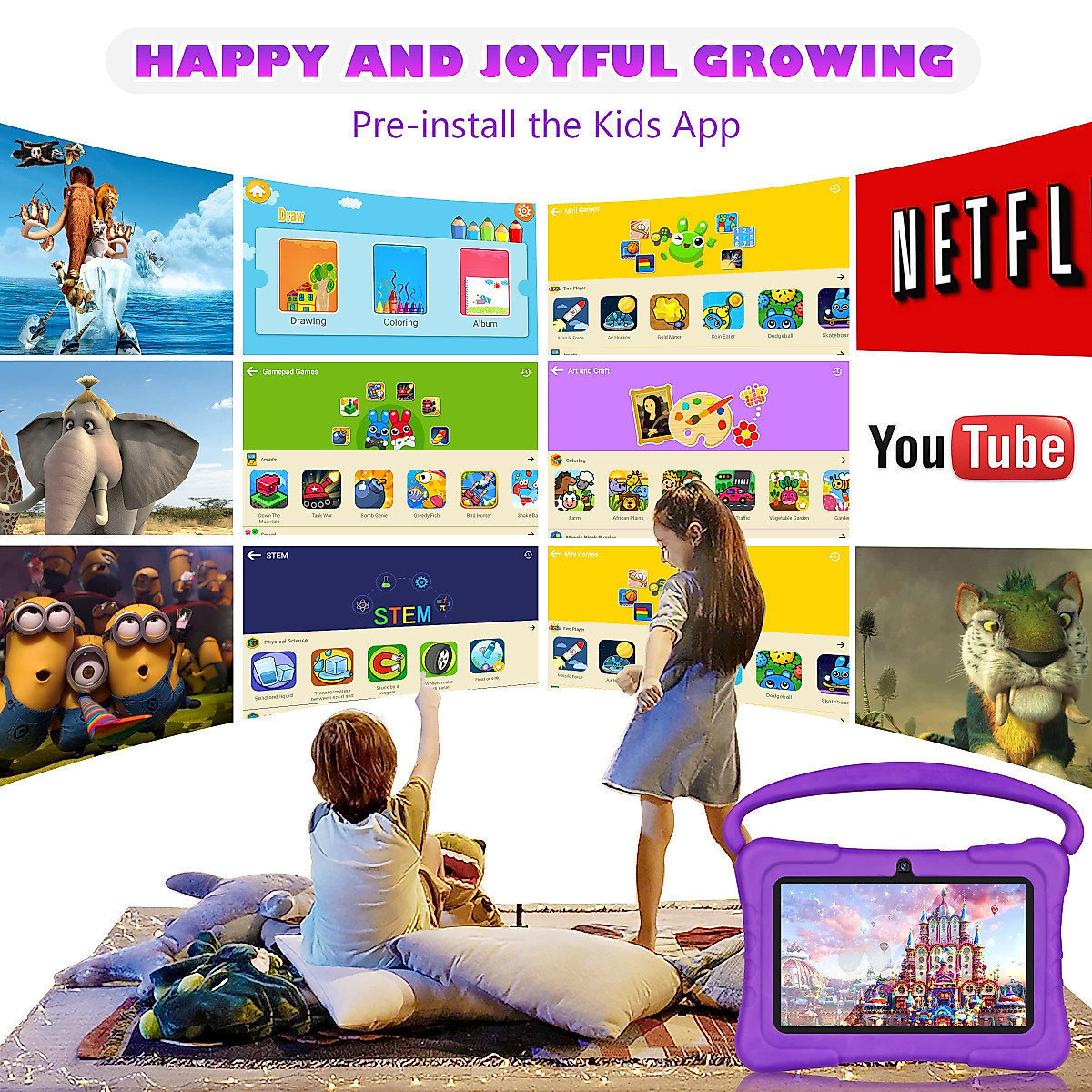 ATMPC Tablet for Kids, Kids Tablet, 7 Inch Kids Tablets 32GB ROM 3GB RAM Android11 Tablet for Kids with 2.4G WiFi, GMS, Eye Protection, Educational, Parental Control, Tablet with Silicone Case Purple