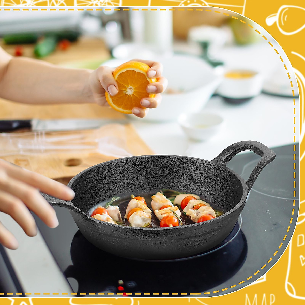 FoldTier 2 Set Small Cast Iron Skillets Mini Round Cast Iron Skillets Set 6.3 Inch 4.9 Inch Skillet Fajita Plate with Wooden Base Steak Skillet Dish Pan for Kitchen Restaurant Barbecue(6.3 Inches)