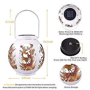 KINDDOG Solar Lanterns Outdoor, Reindeer Chrismas Metal Garden Lanterns Decor Hanging-Patio Decorations Waterproof 2 Pack (Reindeer)