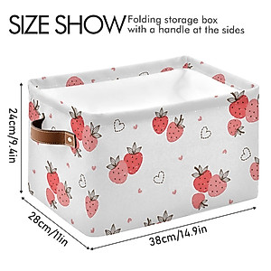 Qilmy Strawberry Pattern Storage Basket with Handles for Organizing, Collapsible Canvas Shelves Storage Bins for Home Closet Bedroom Living Room