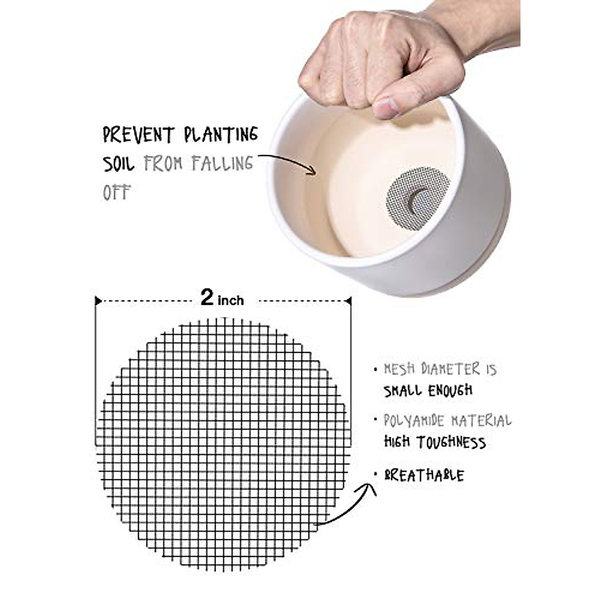 LE TAUCI Flower Pot Hole Mesh Pad, 2" Rounds Drainage Hole, Prevent Soil Loss and Anti-Slip, Bonsai Bottom Grid Mat, Gardening Gifts for Women, 50 Pack