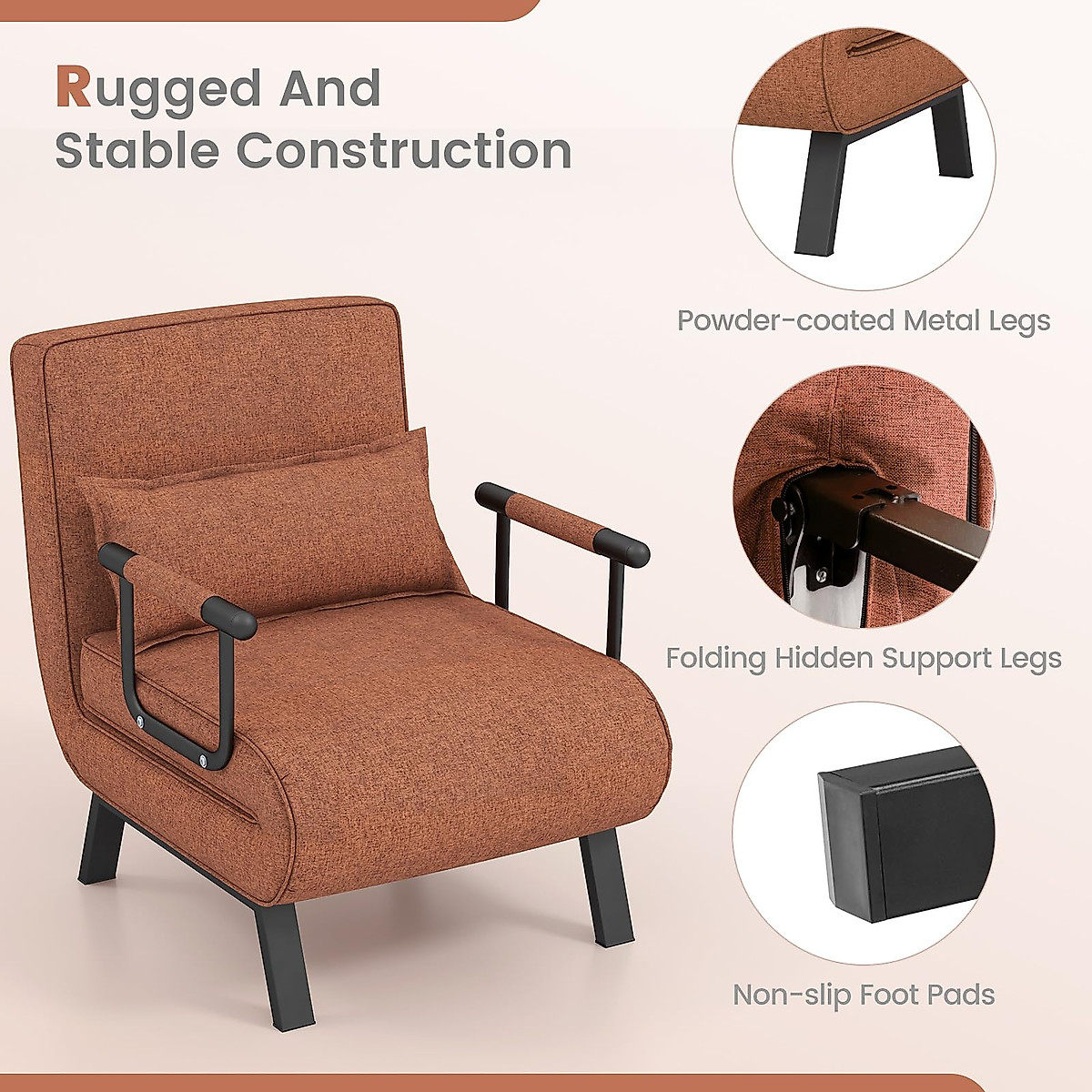 POWERSTONE Convertible Sleeper Chair Bed, 4 in 1 Living Room Reading Chair with Pillow, Arm and Adjustable 5 Position Backrest Single Sofa Bed, Coffee