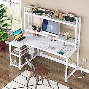 TIYASE Computer Desk with Hutch and Storage Shelves, 51 inch L-Shaped Corner Computer Desk with Power Outlet & Monitor Stand, Large Home Office Study Writing Table with USB Port & Tower Shelf, White