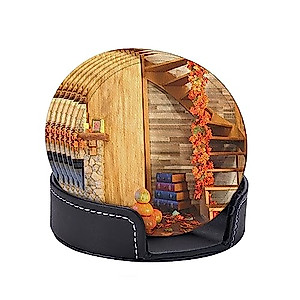 Halloween Pumpkin Sunflower Printed Coasters Set of 6 Pu Leather Round Coasters with Holder Heat Resistant Drink Coasters Coffee Cup Mat for Kitchen Office Bar