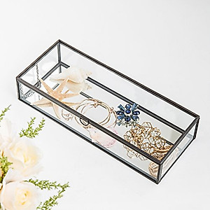 MyGift Glass Jewelry Box, Vintage Style Black Metal & Clear Glass Mirrored Shadow Box Jewelry Display Case with Hinged Top Lid