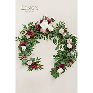 Ling's Moment Eucalyptus Garland with Flowers 6FT，Table Runner with Flowers Marsala Mantle Decor Handcrafted Wedding Centerpieces for Rehearsal Dinner Bridal Shower | Marsala