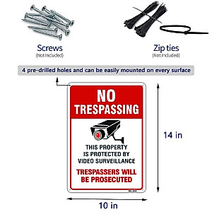 Large Video Surveillance Signs Outdoor,No Trespassing Sign Aluminum 10x14 Inch UV Ink Printed for House and Business (4-Pack)