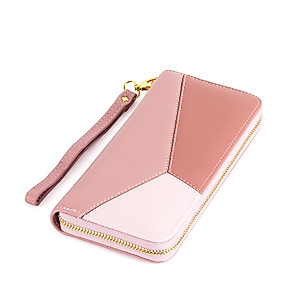 OYATON Wallet for Women - Large Faux Leather Women's Zipper Wristlet Wallet with Detachable Strap - Long Clutch Wallet with Cell Phone Pocket (Pink Red)