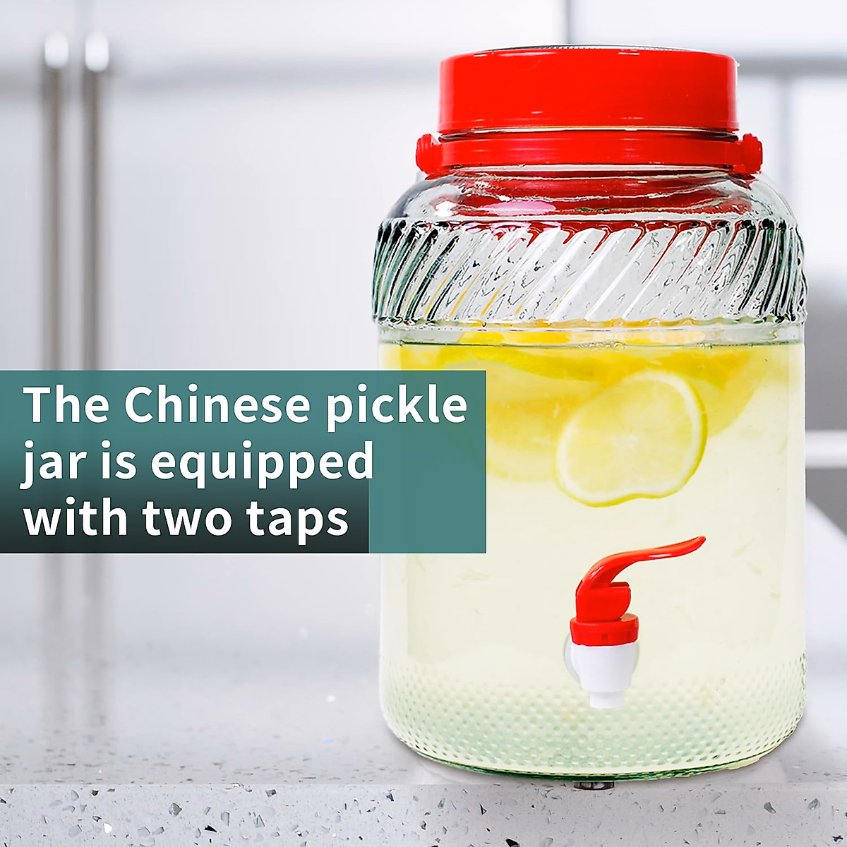 1.32 Gal Wide Mouth Glass Drink Dispensers for Parties, Leakproof Spouts, Wood Sign - Sun Tea Jar for Outside. Ideal for Beverage, Lemonade, Yogurt, Kombucha, Canning, Fermenting, Picnics, Home Use