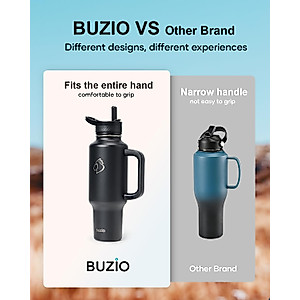 BUZIO Insulated Water Bottle with Handle & Flip Straw, 40oz Metal Travel Tumbler Fits in Cup Holders, Dishwasher Safe Leakproof Reusable Sport Mug, Gift for Women & Men, Keep Cold for 48hrs, Black