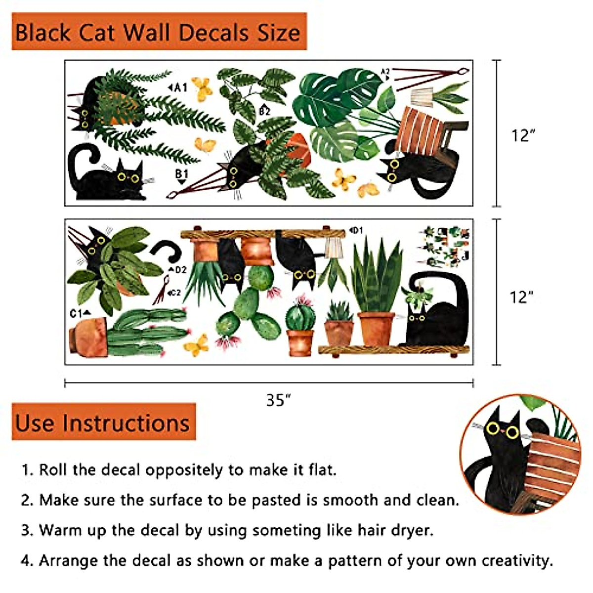 Yovkky Black Cats Potted Plant Wall Decals Stickers, Cartoon Kitty Botanical Bonsai Nursery Playroom Decor, Cactus Kids Bedroom Home Classroom Living Room Kitchen Decorations Art