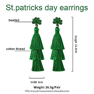St.Patricks Day Earrings Green Clover Shamrock Beaded Earrings Handmade long Tassel Statement Dangle Earrings Jewelry for Women (St.patricks Earrings A)