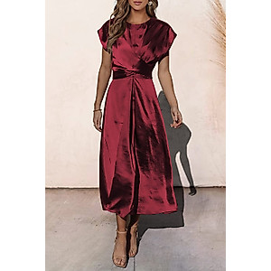 PRETTYGARDEN Women's 2024 Summer Satin Midi Dress Cap Sleeve Tie Waist Elegant A-Line Flowy Dresses (Wine Red,Medium)