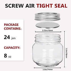 Betrome 8 oz Mason Jars, 24 Pack 240ml Glass Canning Jars with Regular Mouth Lids, Glass Storage Containers for Overnight Oats, Jam, Jelly, Honey, Beans, Spice, Wedding Party Favor, Shower Favor