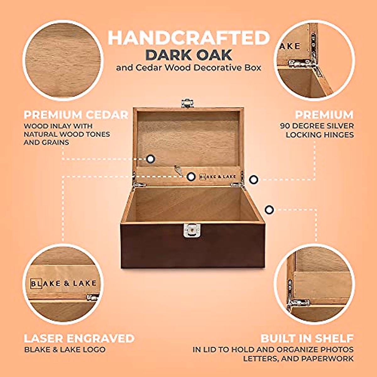 Blake & Lake Locking Wood Storage Box - Decorative box for Home or Office - Wooden Box with Hinged Lid Keepsake Box with Lock Oak Box for Home (Dark Oak)