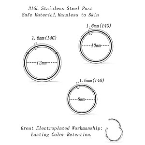 Xnsjeyy 14G Stainless Steel Nose Rings Hoops Hinged Clicker Septum Ring Lip Ring Cartilage Tragus Earrings Body Piercing Jewelry for Women Silver