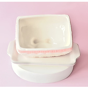 Aebor Ceramic Butter Dish with Bow tie No Slip Lid & Handle, for Counter or Fridge, Covered Butter Tray Holder For Butter Storage, Pink