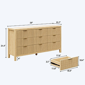 JZXSHD 9 Drawers Dresser, Modern Large Chest Mid Century Modern Dresser TV Stand, Storage Organizer Dresser with Solid Natural Wood Legs for Bedroom, Living Room, Hallway, Natural Oak