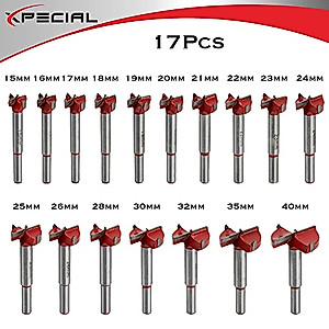XPECIAL Forstner Bit Set 17 Pcs, 15-40mm Carbide Tipped Drill Bit Set, Wood Working Drilling Bits Sets, Red Anti-Rust and Anti-Corrosion Spray Paint Process