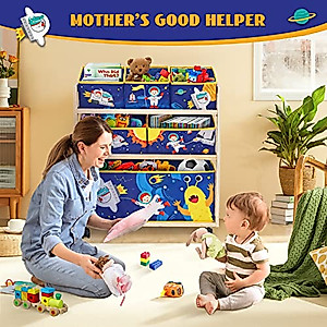 Kids Toy Storage Organizer with 6 Oxford Cloth Bins and 4 Wheels,Wooden Children Storage Rack,Extra Large Capacity Bookshelf Bookcase Display Stands Shelf Multi Cabinet for Books Toys