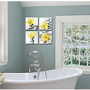 Genius Decor-Modern Bathroom Yellow Gray Wall Art Picture Flowers and Pebble Stone Canvas Print Wall Decor Set 4(Yellow)